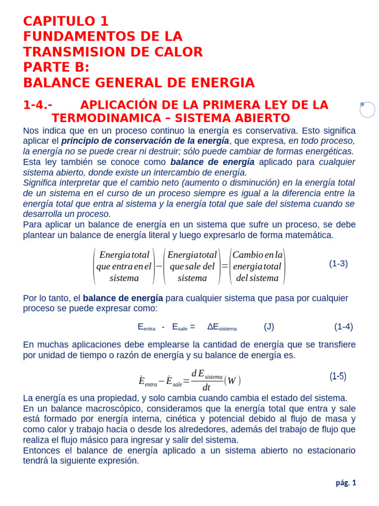 Capitulo 1 Parte B Balance General de Energia | PDF | Calor | Conduccion termica