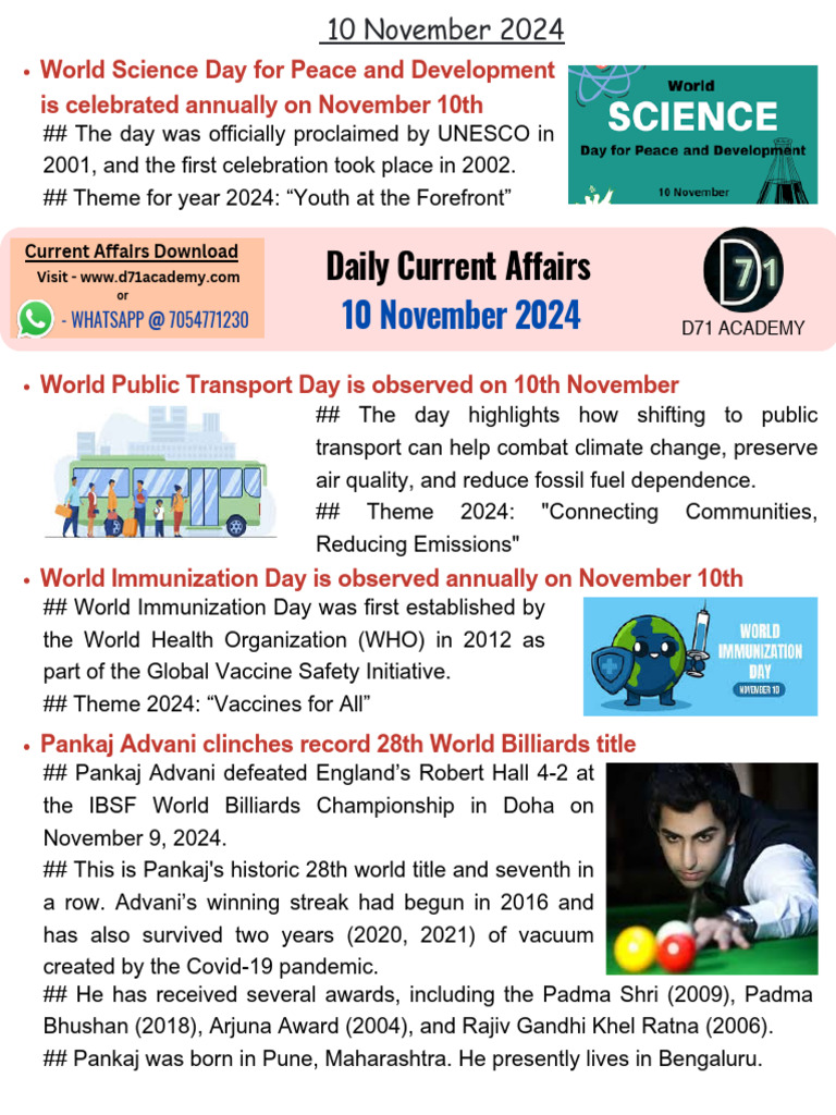 Current Affairs PDF 10 Nov 2024 - D71 Academy | PDF