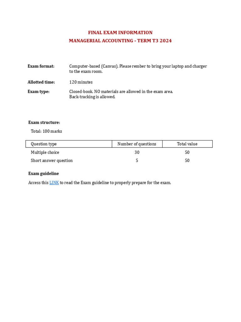 Managerial Accounting - Final Exam Information - T3 2024 | PDF