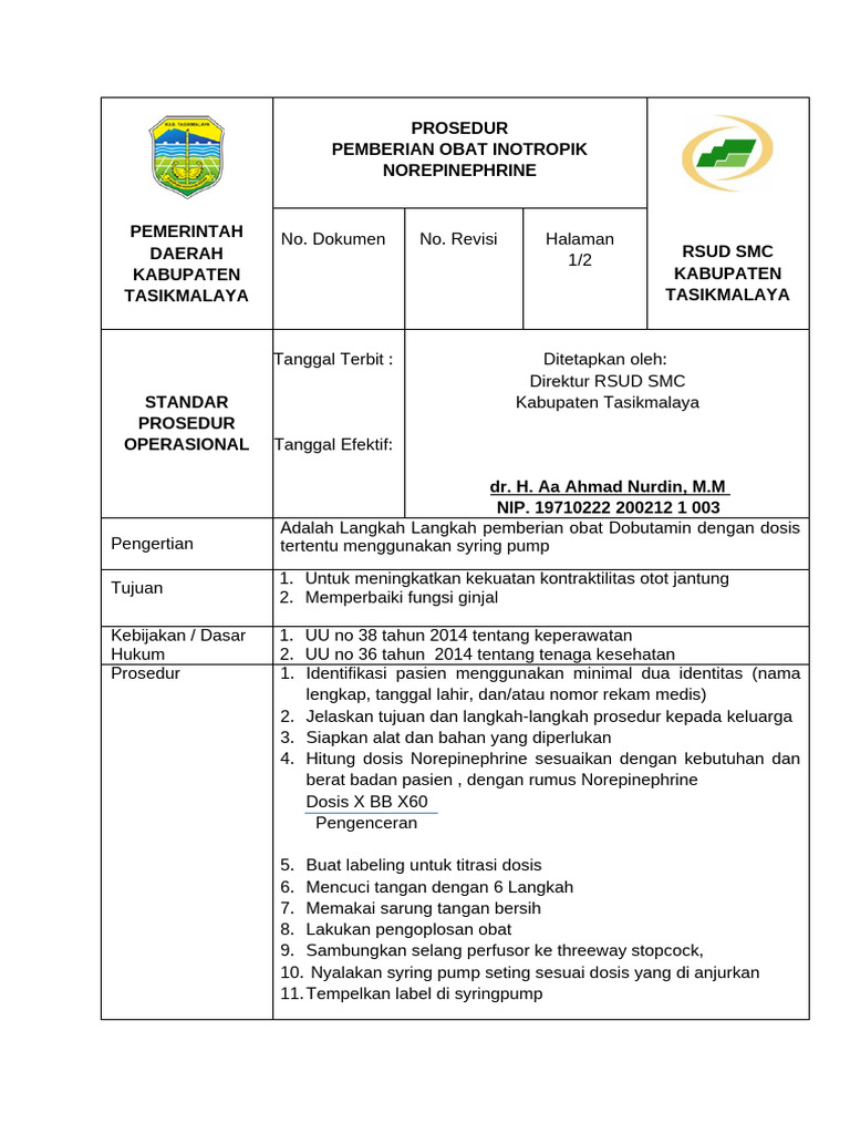 Prosedur Pemberian Norepinephrine | PDF