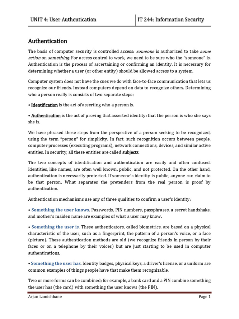 Unit 4-User Authentication | PDF | Password | Authentication