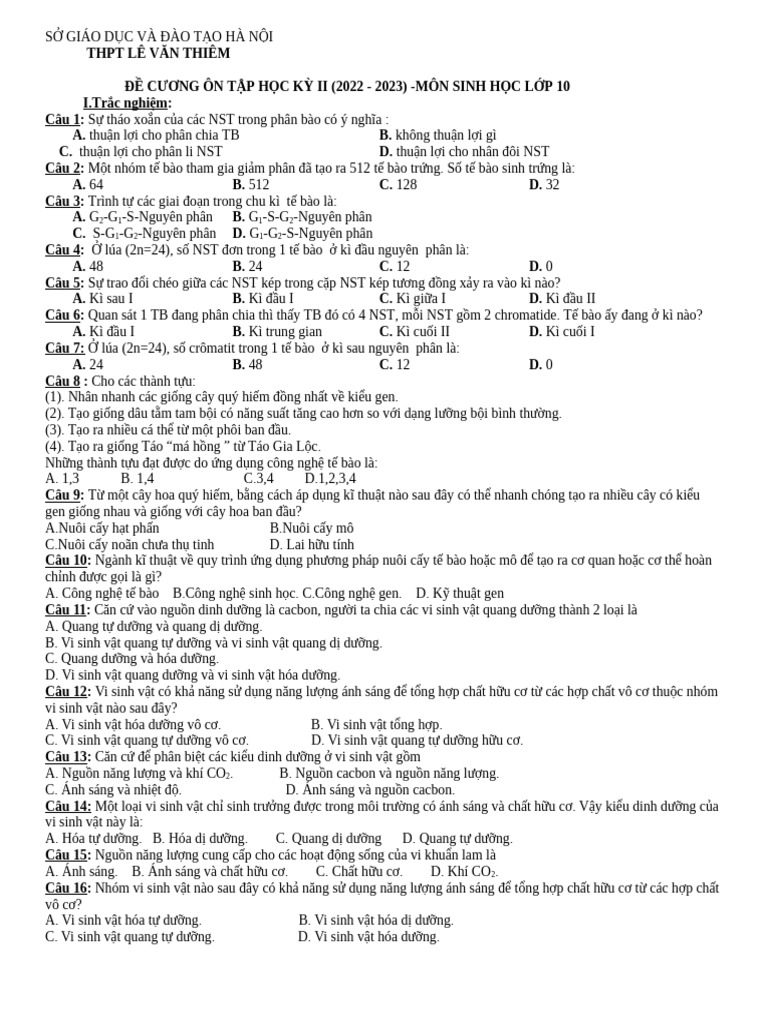 ĐC Ôn HK 2 Sinh 10 | PDF