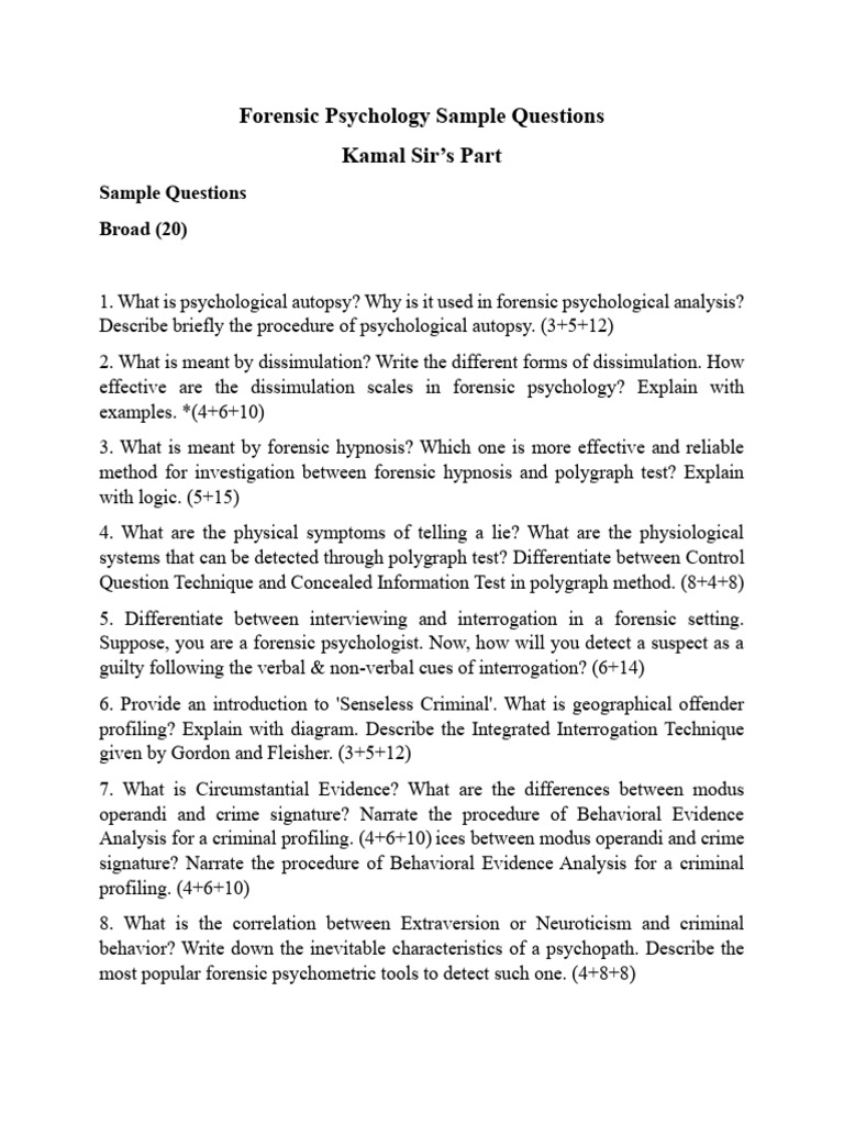 Forensic Psychology Sample Questions | PDF | Psychopathy | Forensic Science
