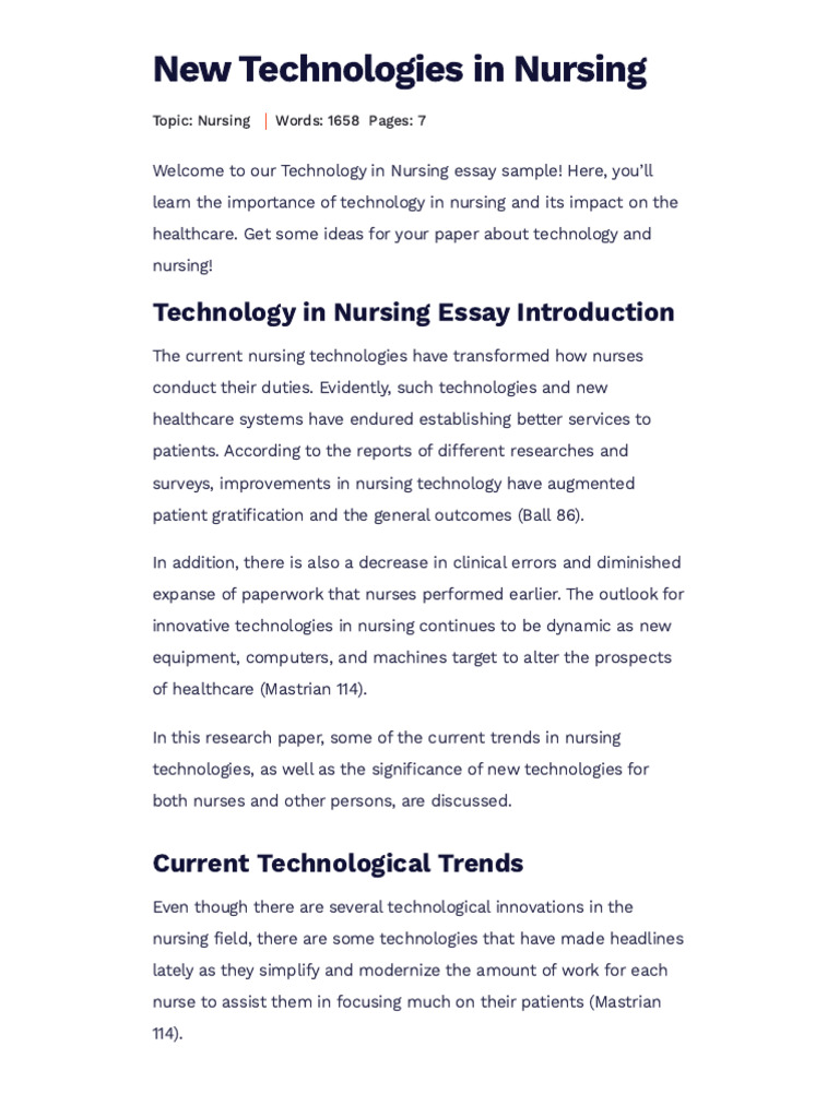 Technology in Nursing - Essay Example For Free | PDF | Health Care | Electronic Health Record