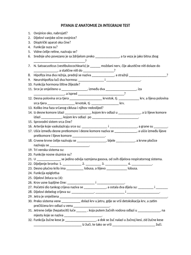 Integralni Test Z Anatomije | PDF