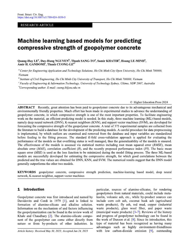 Machine Learning For Predicting Compressive Strenght Geopolymer Concrete | PDF