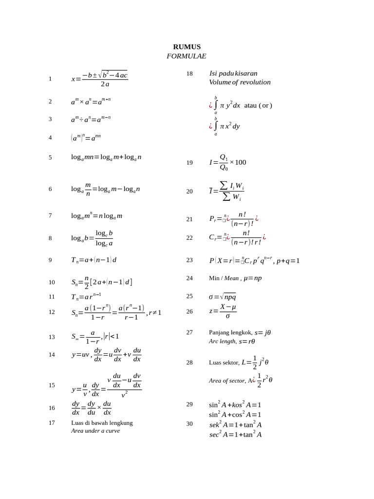 Rumus Matematik Tambahan KSSM | PDF