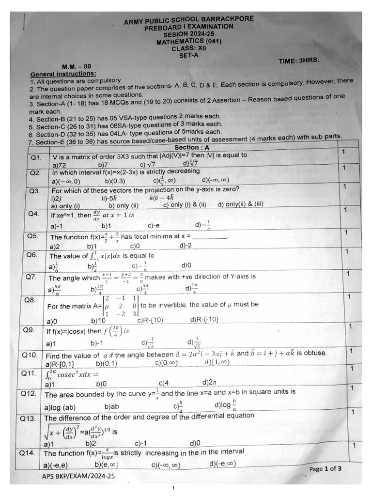 Aps Pre-Board 1 Mathematics | PDF