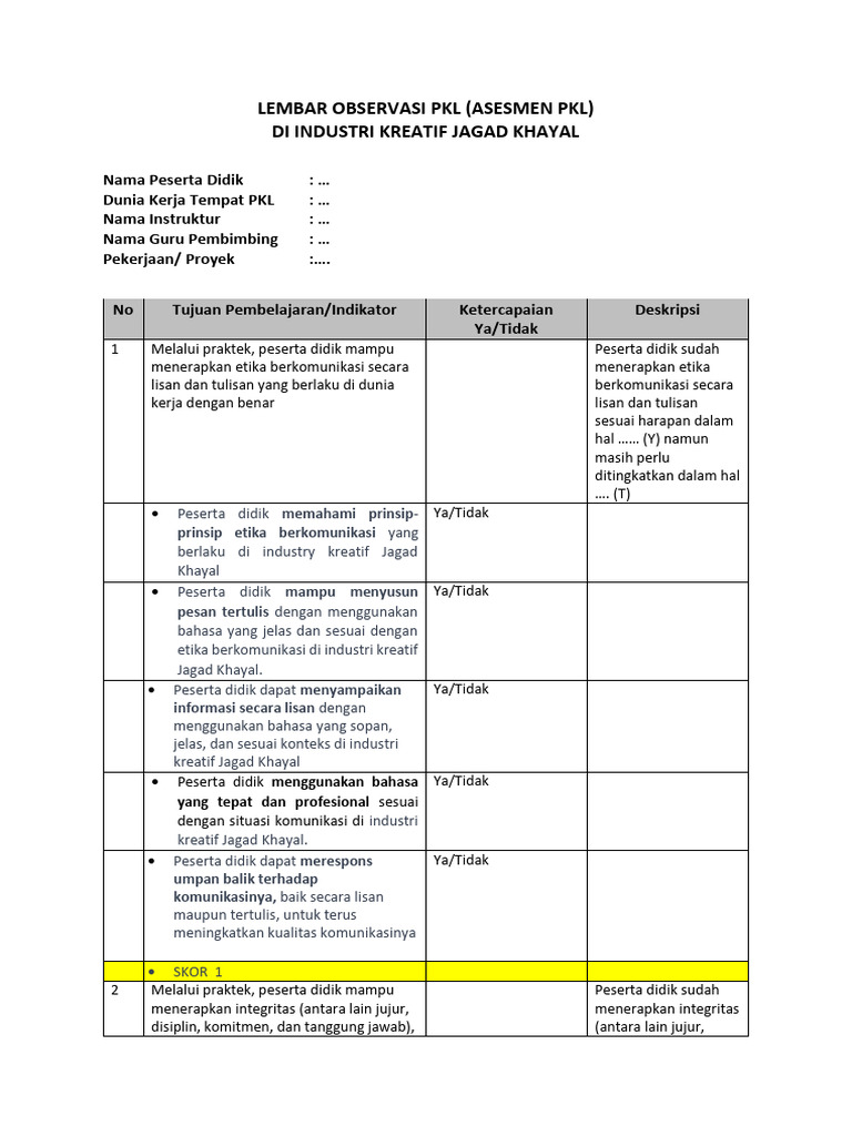 Lembar Observasi PKL (Asesmen PKL) | PDF