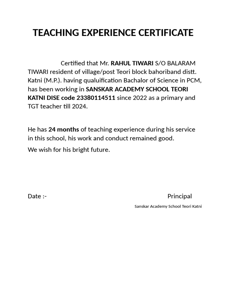 Rahul Tiwari Teaching Certificate | PDF