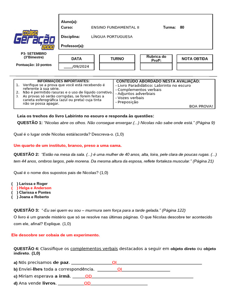 P3 Língua Portuguesa 8º Ano - Prova A - GABARITO | PDF