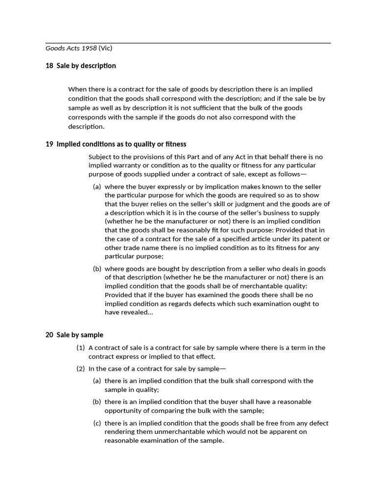 BLAW10001 Y19S02 Statutory Provisions For Exam | PDF | Implied Warranty ...