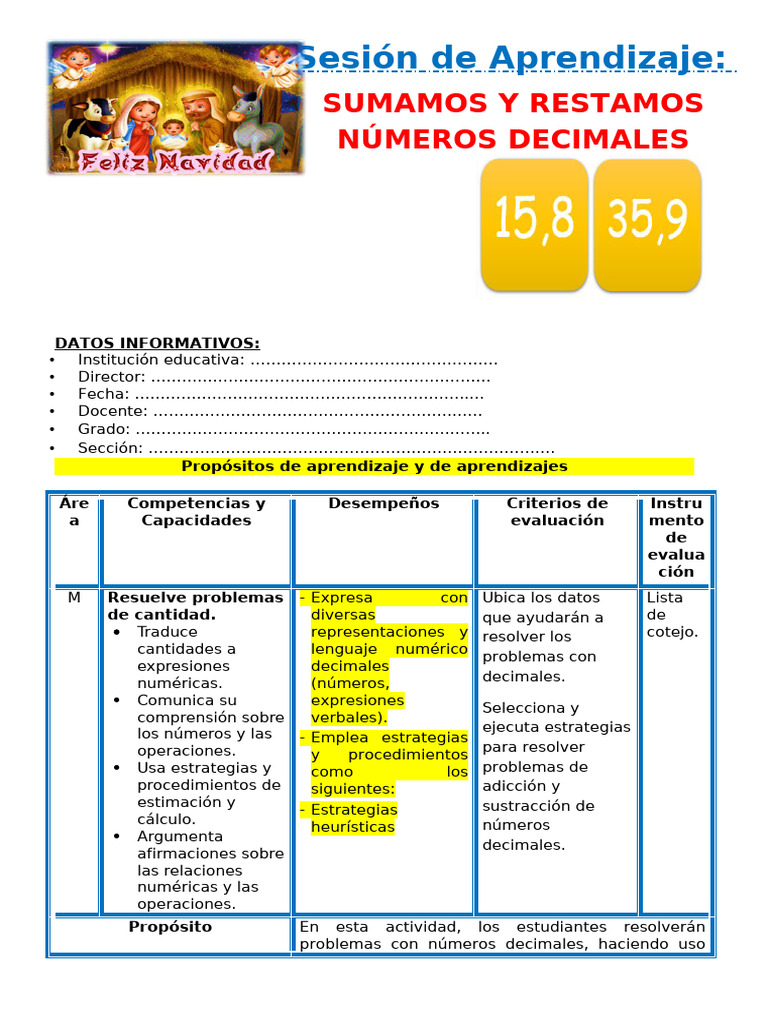 3° Sesión Día 4 Mat Sumamos y Restamos Números Decimales | PDF | Evaluación | Cognición
