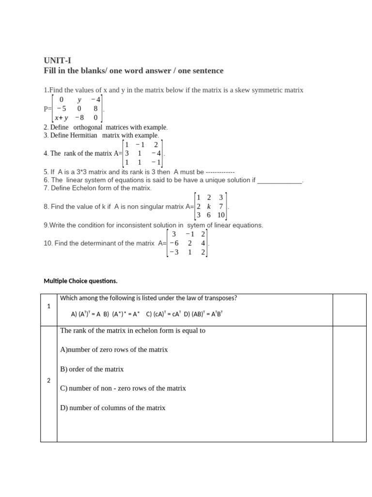 Matrices and Calculus Question Bank 3 Units | PDF | Matrix (Mathematics) | Eigenvalues And ...