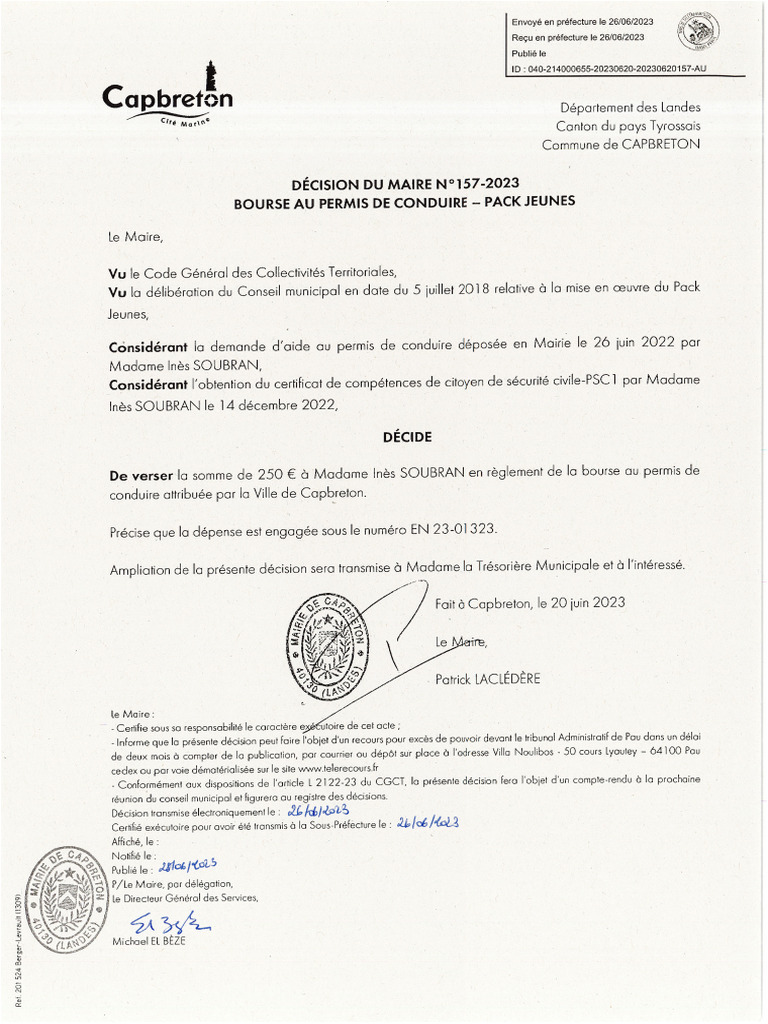 N 157-2023 DECISION Bourse Au Permis de Conduire - Ines SOUBRAN | PDF