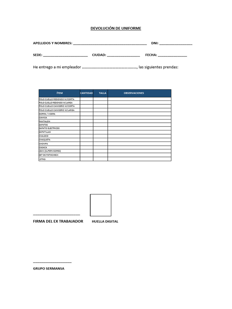 Formato de Devolucion de Uniforme | PDF