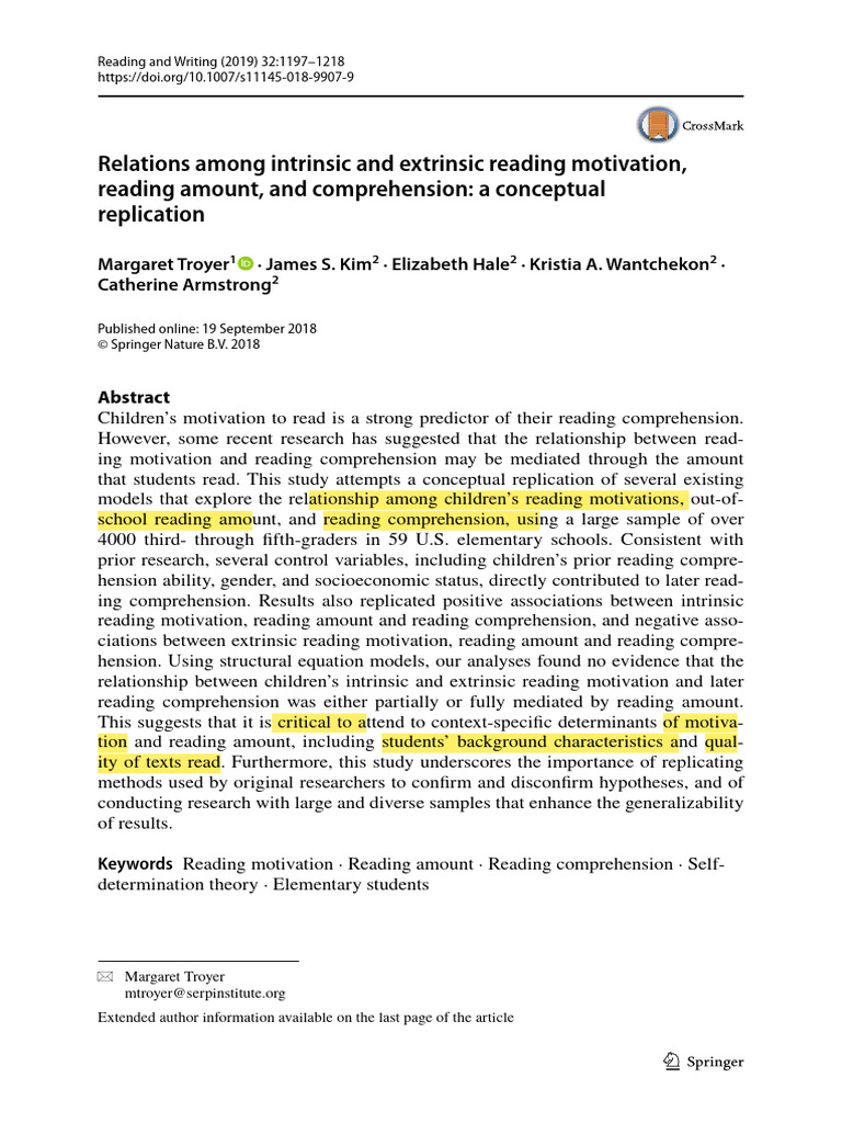 Extrinsic Motivation and Reading Comprehension | PDF | Cognition ...