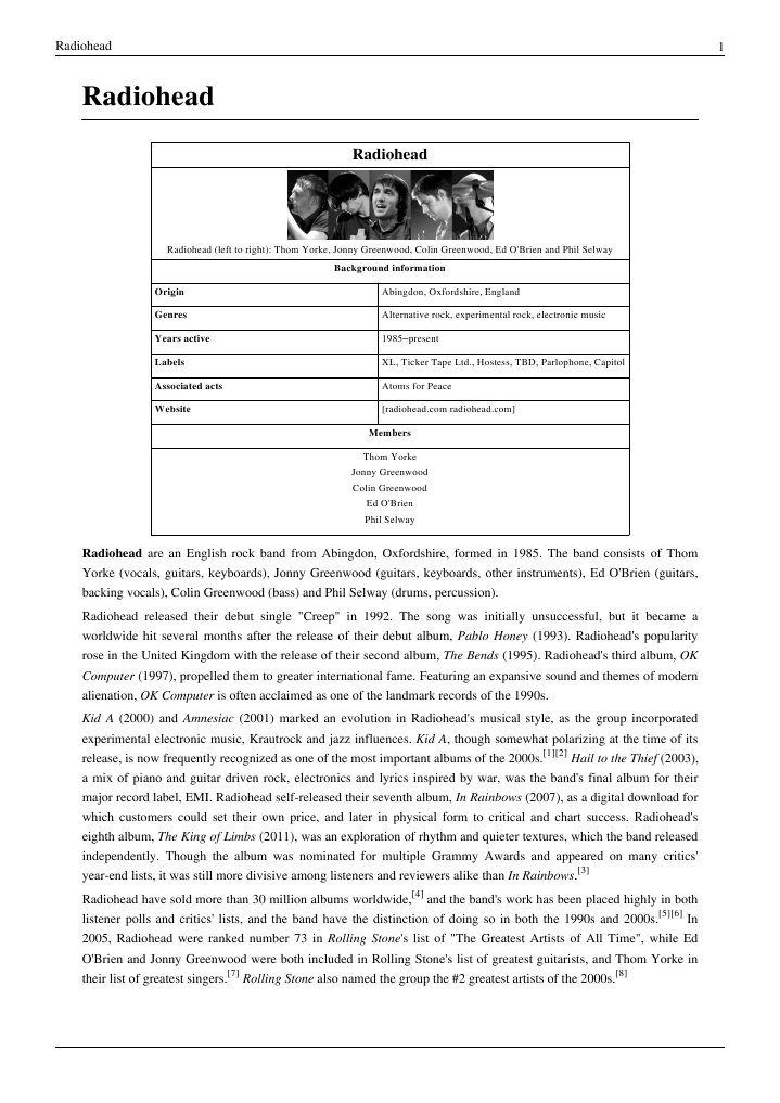 Radiohead Wikipedia Article | PDF | Music Industry | Entertainment ...