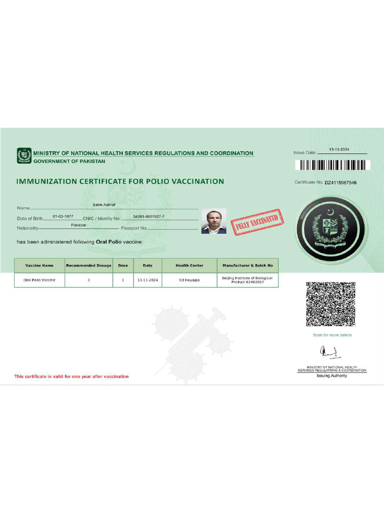 Polio Immunization Certificate | PDF