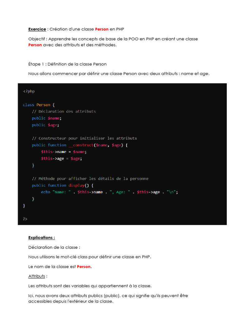 Création d'une classe Person en PHP | PDF