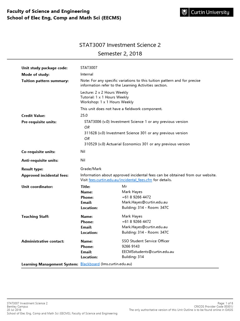 STAT3007 Investment Science 2 Outline | PDF | Plagiarism | Financial ...