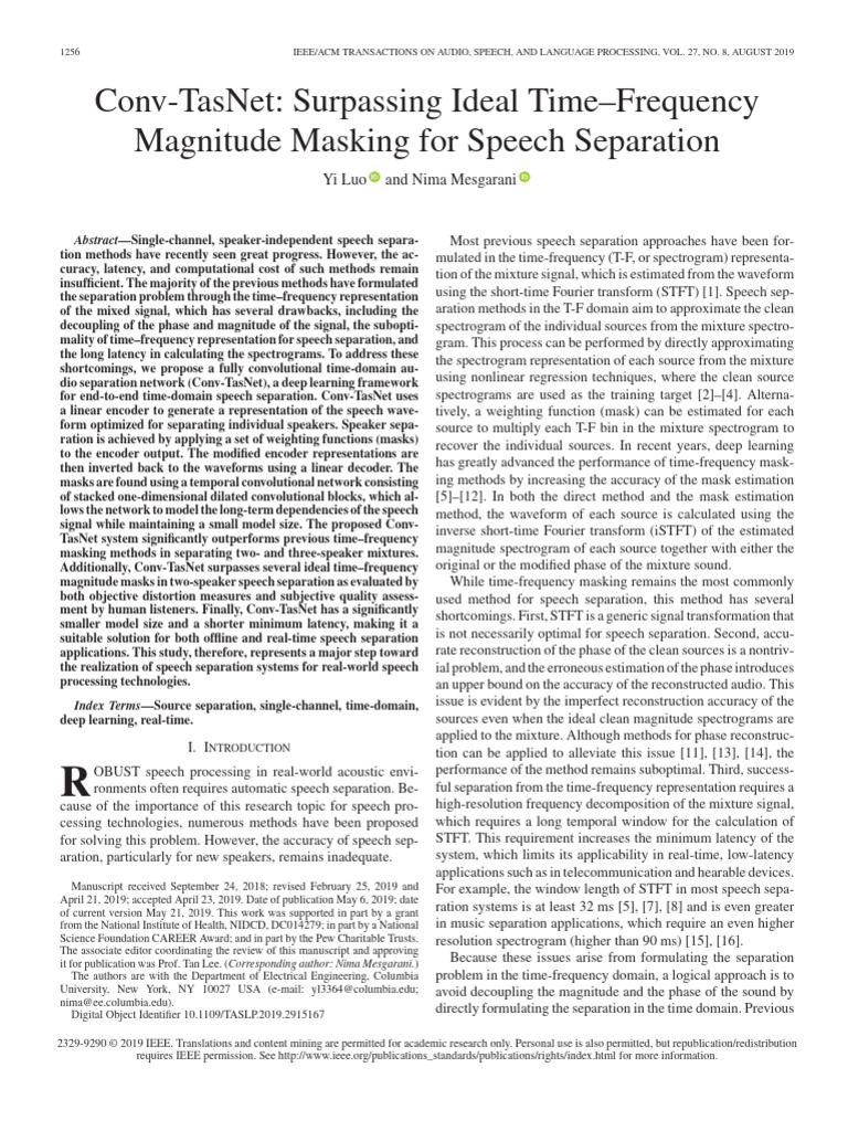 Conv-TasNet Surpassing Ideal TimeFrequency Magnitude Masking For Speech Separation | PDF | Data ...