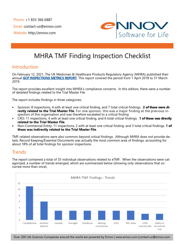 MHRA TMF Inspection Finding Review Checklist | PDF