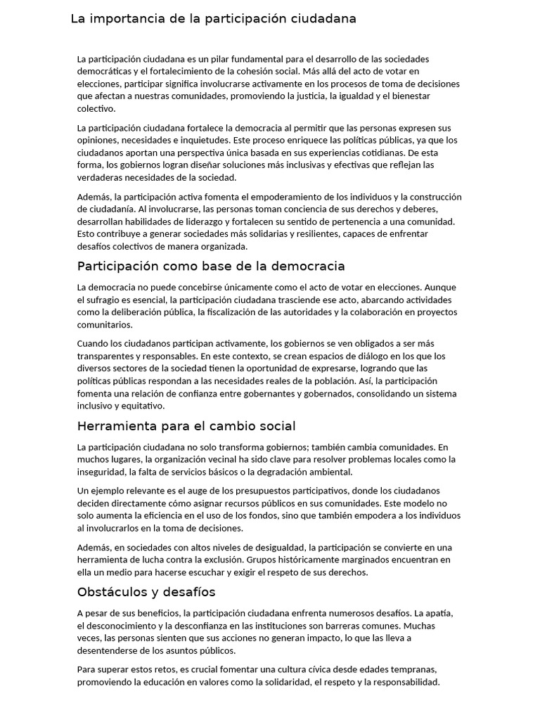 La Importancia de La Participación Ciudadana | PDF | Participación ...