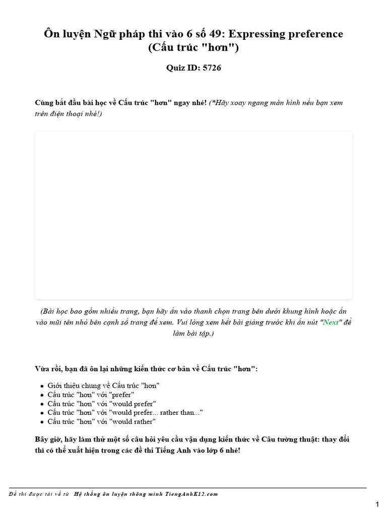 Quiz 5726 On Luyen Ngu Phap Thi Vao 6 So 49 Expressing Preference Cau Truc Hon | PDF