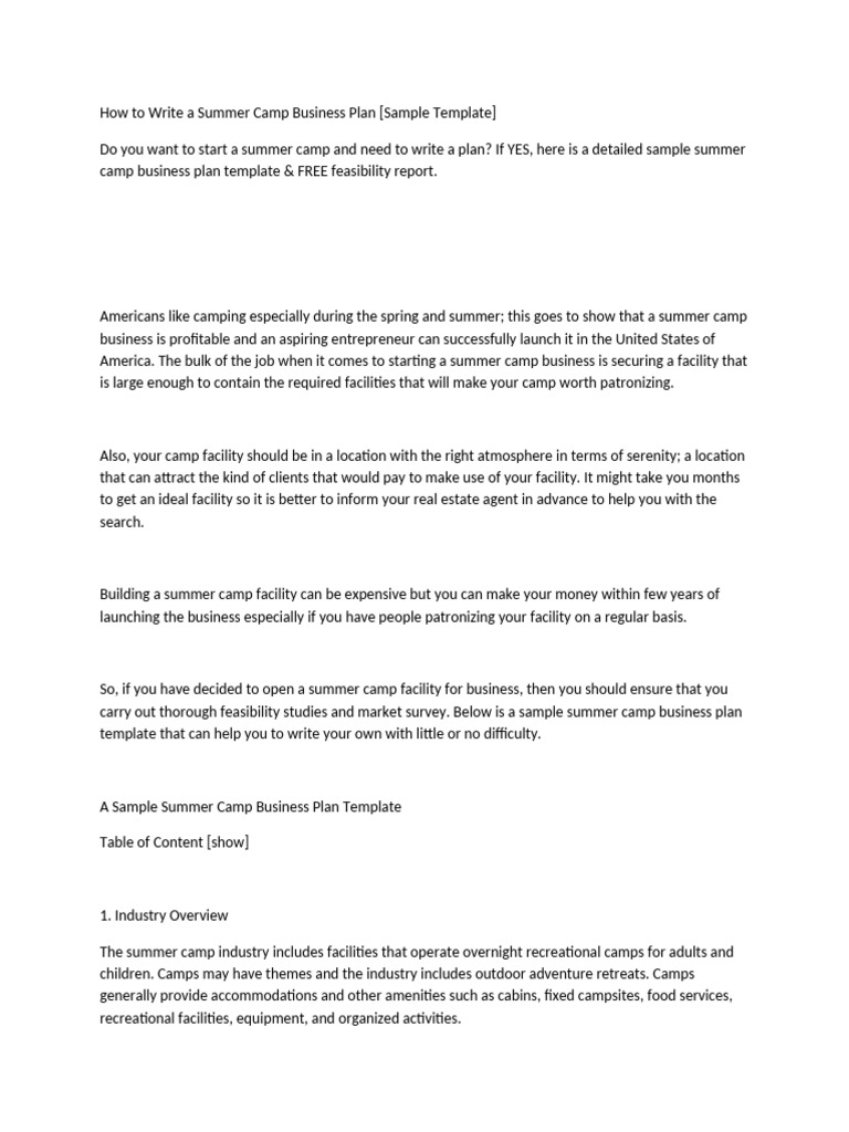 How To Write A Summer Camp Business Plan (Sample Template) | PDF ...