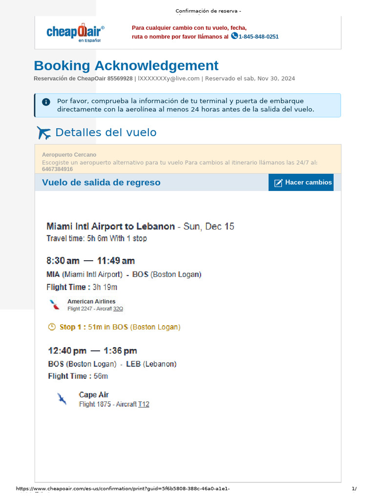 Confirmación de Reserva CheapOair 2024 | PDF | Aviación