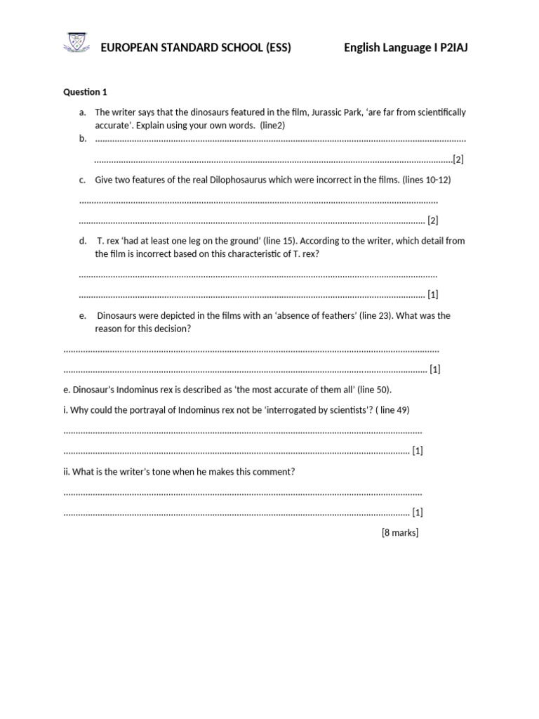 Jurassicn Park Question 1 | PDF