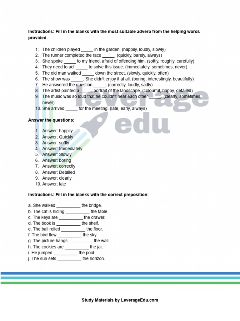 Adverbs and Prepositions Exercises | PDF