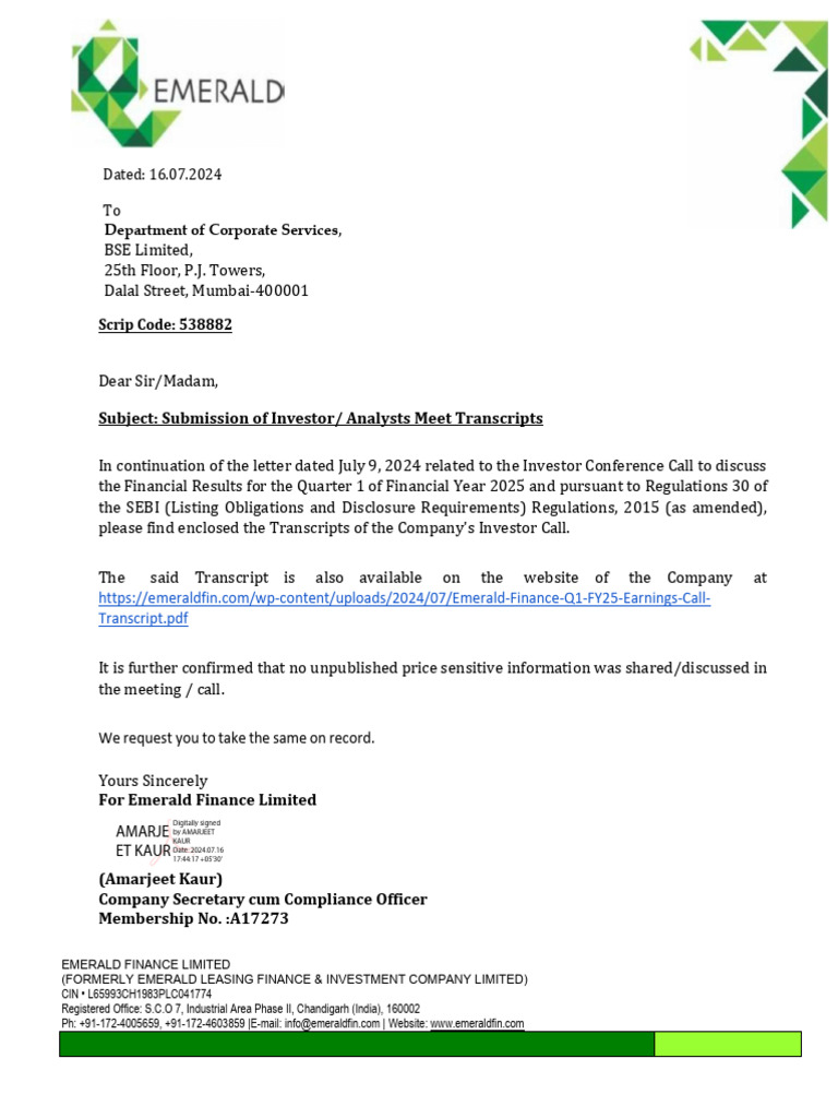 Emerald Finance Q1 FY25 Earnings Call Summary | PDF | Employment | Salary