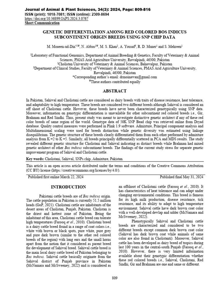 2024 Genetic Differentiation Among Red Colored Bos Indicus Subcontinent ...