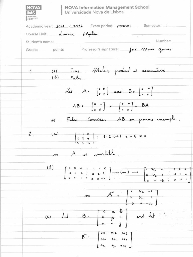1st Linear Algebra Exam Correction | PDF