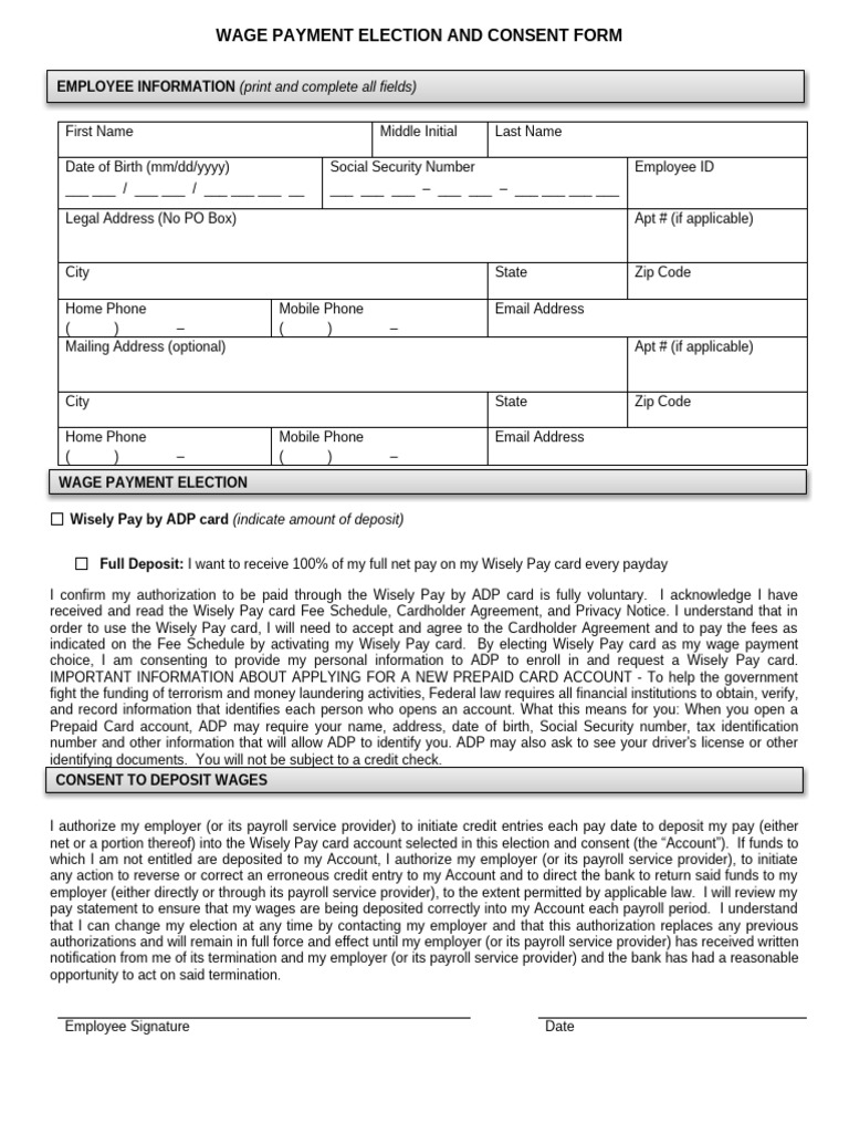 Wisely Pay Card Form | PDF | Payroll | Employment