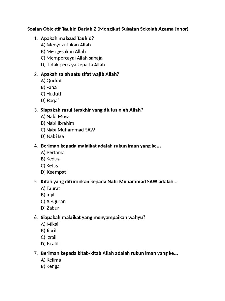 Soalan Objektif Tauhid Darjah 2 | PDF