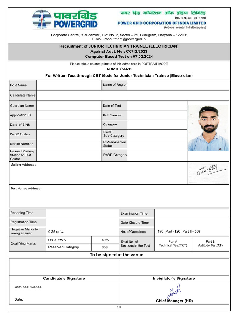PGCIL Admit Card | PDF | Identity Document