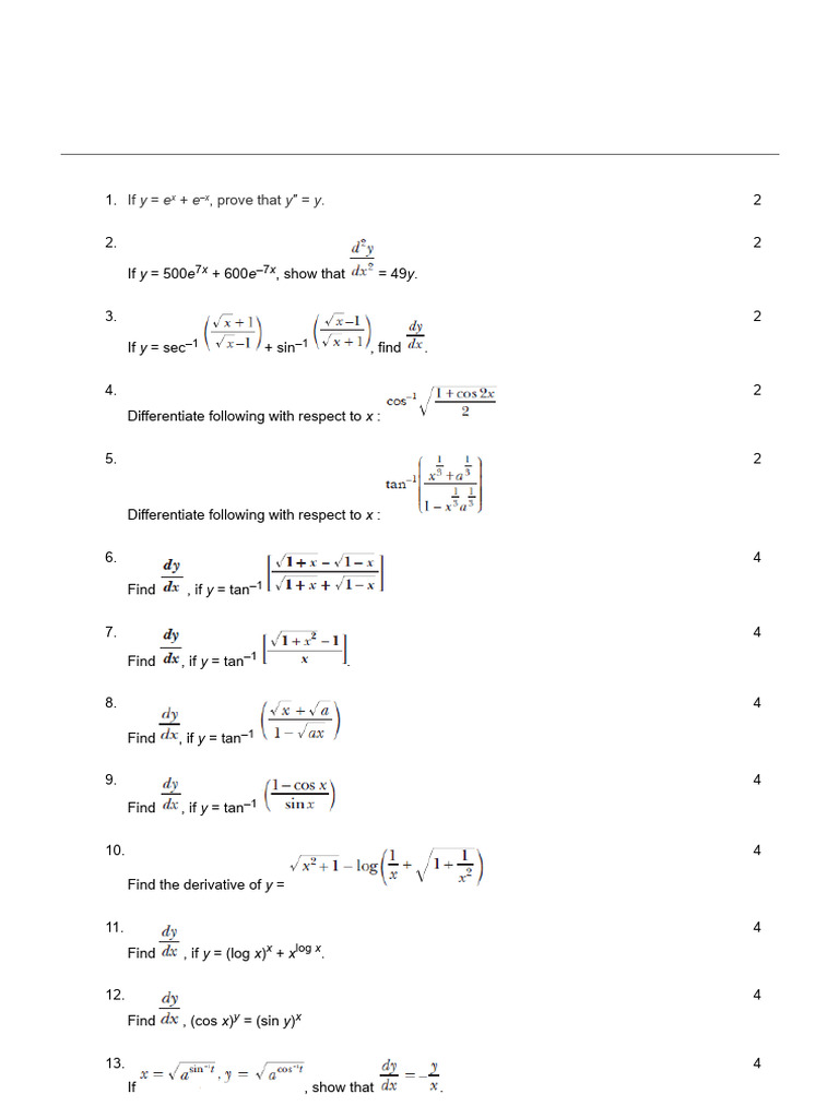 12th-Differentiation Revision Ws | PDF | Mathematical Analysis