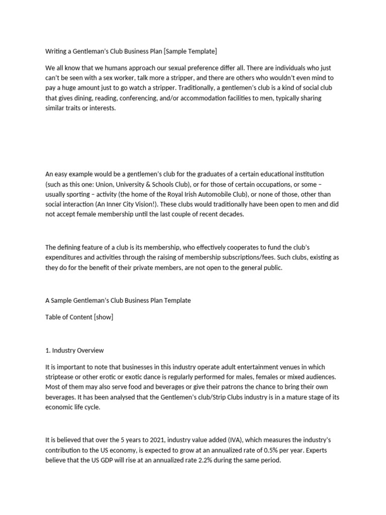 Writing A Gentleman's Club Business Plan (Sample Template) | PDF ...