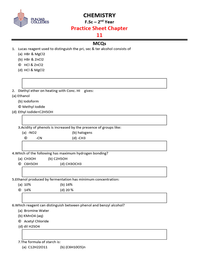CH11 Chem-II (Practice Sheet) | PDF | Ethanol | Methyl Group