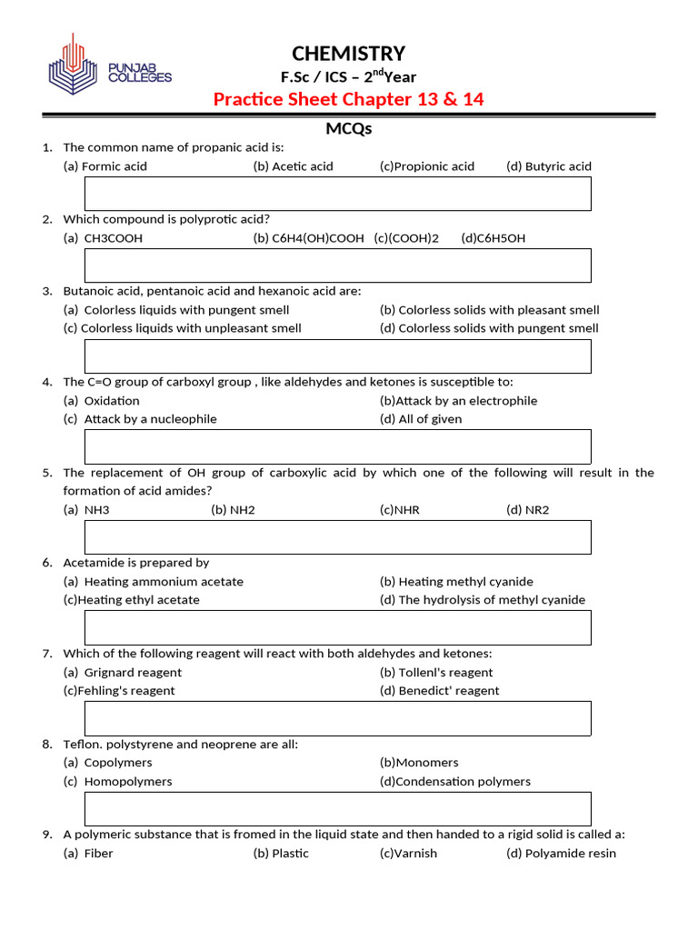 CH13+14 Chem-II (Practice Sheet) | PDF | Carboxylic Acid | Acetic Acid
