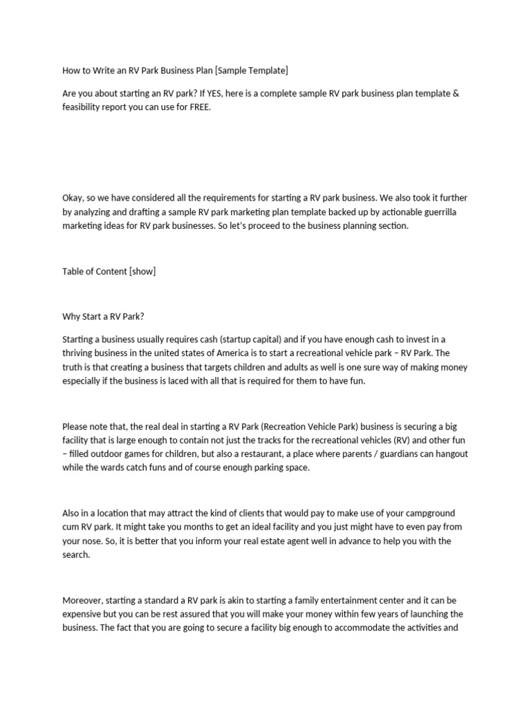 How To Write An RV Park Business Plan (Sample Template) | PDF ...