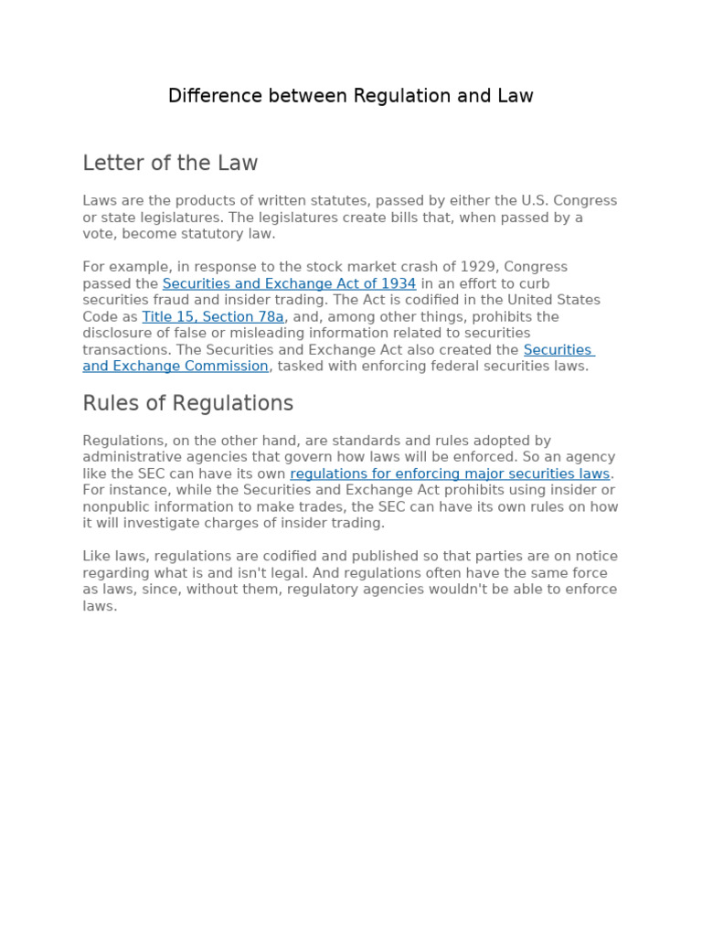Difference Between Regulation and Law | PDF