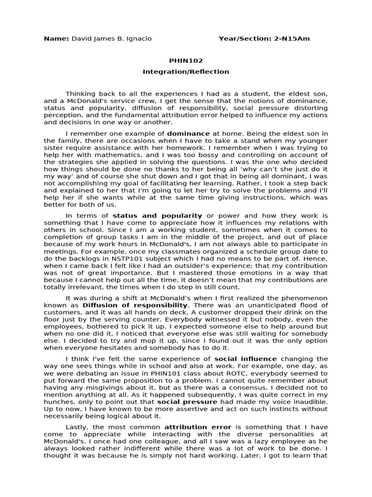 PHIN102 Integration Reflection (David James Ignacio) N15Am | PDF | Cognitive Psychology ...