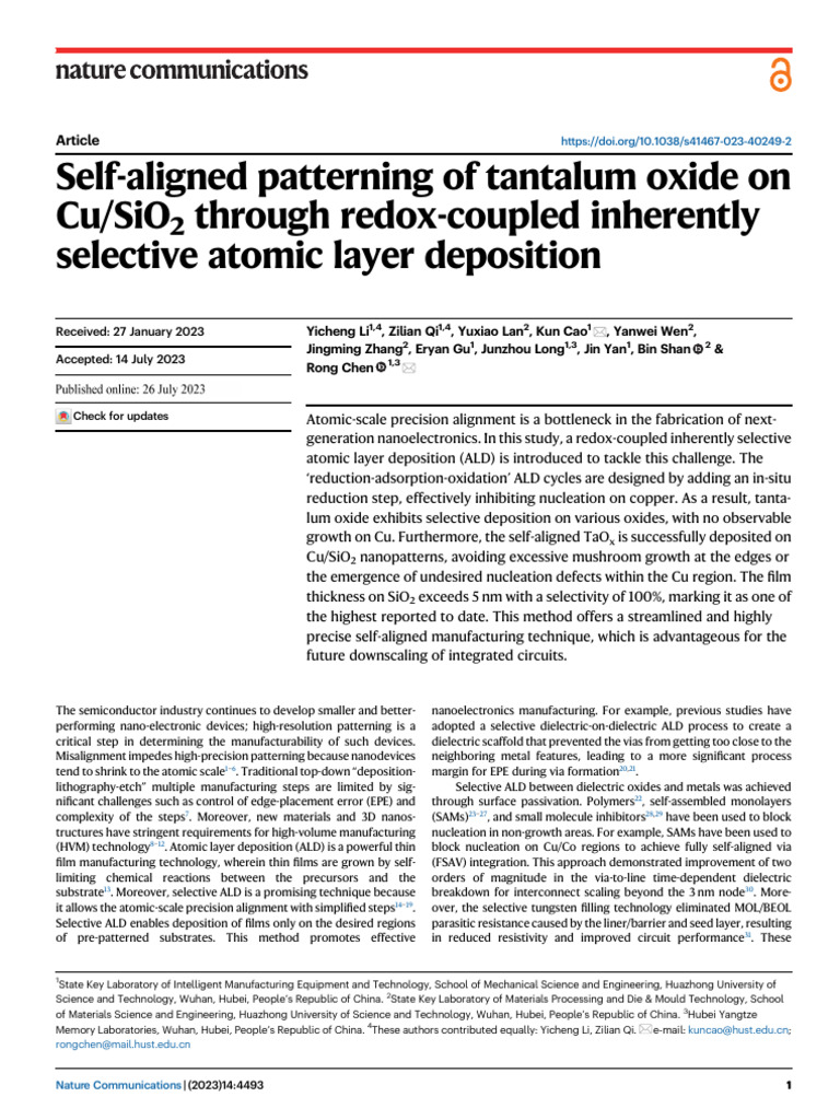 Self-Aligned Patterning of Tantalum Oxide On Cu/Sio Through Redox ...
