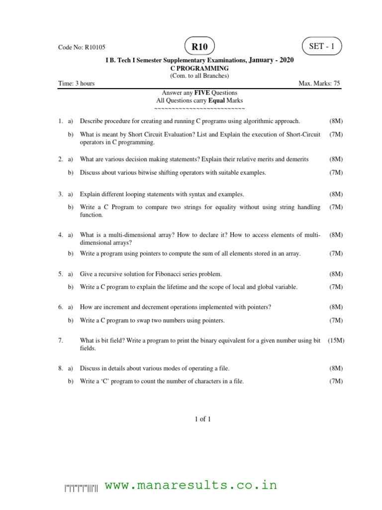 WWW - Manaresults.co - In: I B. Tech I Semester Supplementary Examinations, C Programming | PDF ...