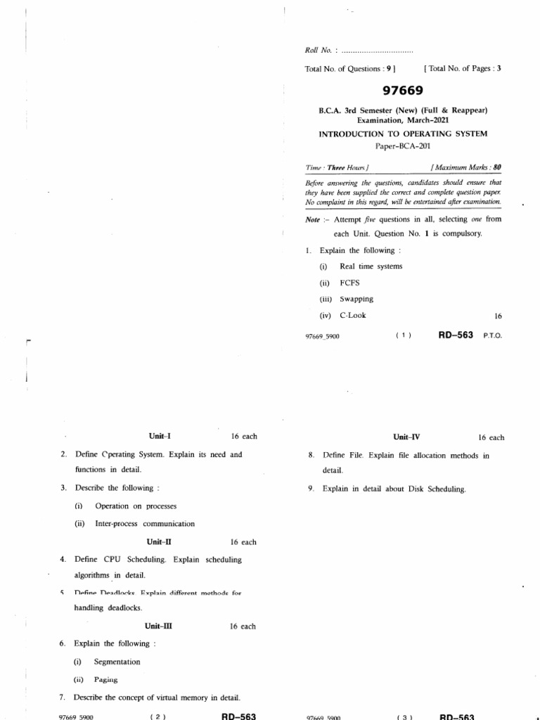 Bca 3 Sem Introduction To Operating System 97669 Mar 2021 | PDF