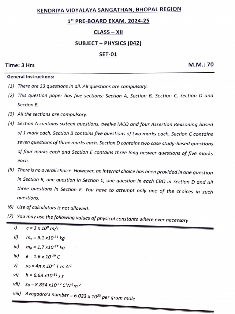 PB 1, XII Physics, Region Bhopal, 2024-25 | PDF | Inductance | Inductor